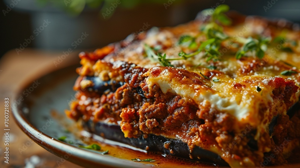 A close-up shot of a classic Greek moussaka, showcasing layers of ...
