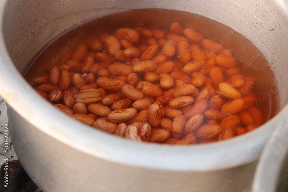 Red Chitra Rajma or kidney beans soaked in distilled water in a metal ...