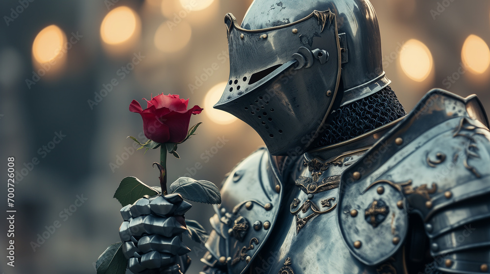 romantic hero - a beautiful young knight in silver armor holds one red ...