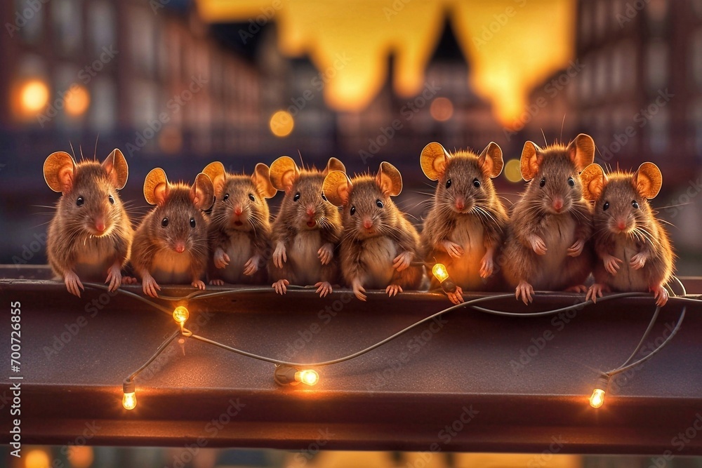 A group of cute little brown mice in a row with garland lights on a ...