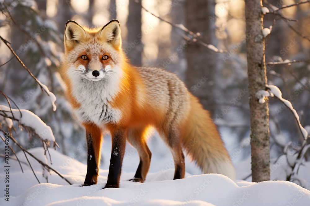 Fox front view in cold winter landscape licking her nose and slowly ...