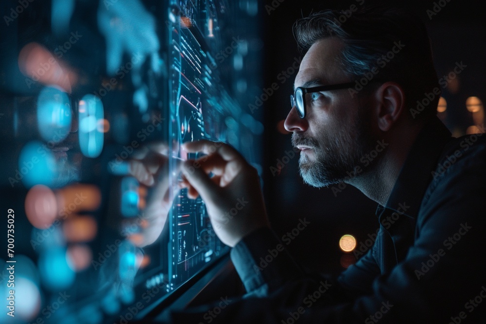 A business man in a moment of strategic focus, handling and analyzing ...