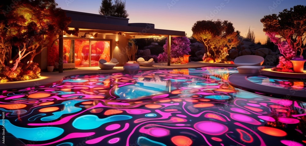 A modern backyard with a kidney-shaped pool surrounded by neon art ...