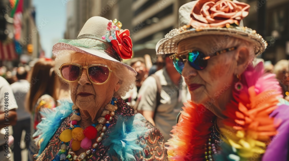LGBT pride. Happy elderly female couple at the LGBT parade. Freedom of ...