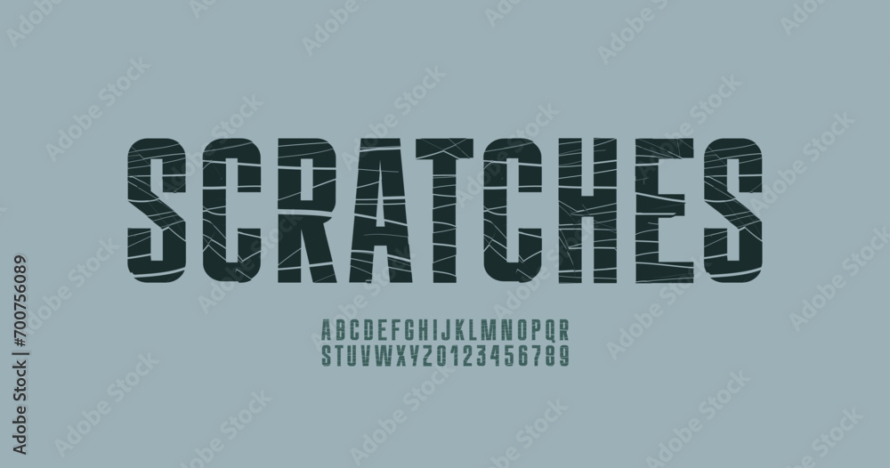 Crushed broken condensed font, dark gray narrow cracked alphabet ...