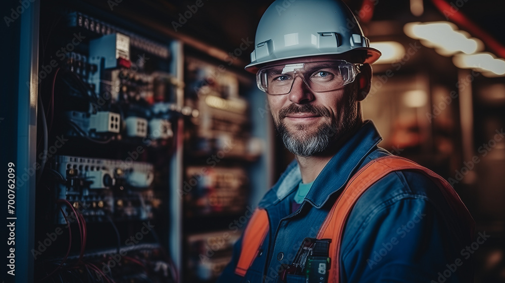 Portrait electrical engineer man on background control panel for high ...