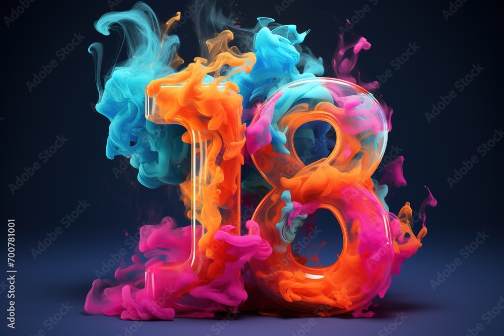 Colorful number eighteen with vibrant smoke on black background. Symbol ...