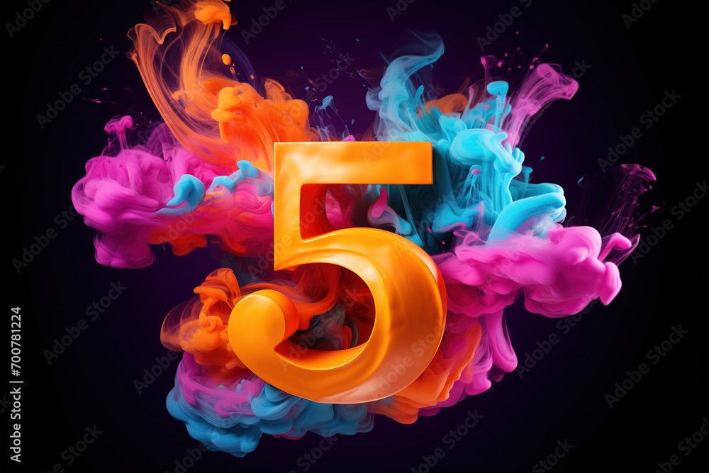 Colorful number five with vibrant smoke on black background. Symbol 5 ...