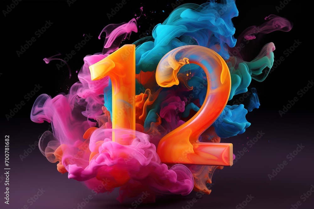 Colorful number twelve with vibrant smoke on black background. Symbol ...