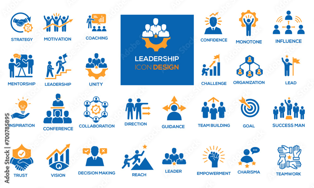 Leadership related Icon set design. ORGANIZATION, STRATEGY, MOTIVATION ...