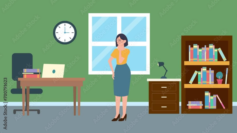 Vidéo Stock 2d animation, cartoon, girl thinking in office, girl, woman ...