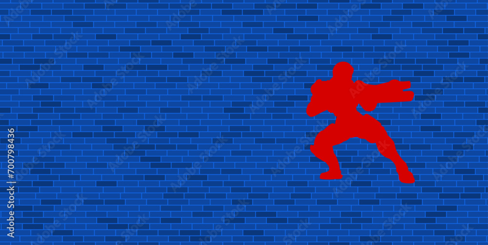 Blue Brick Wall with large red combat robot. The symbol is located on ...