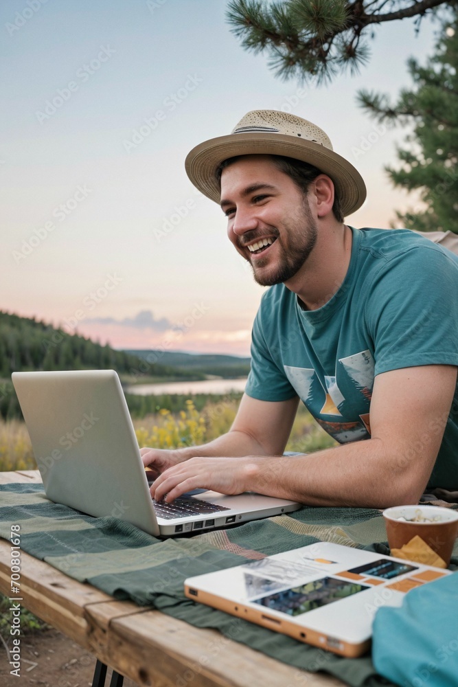 vertical photo of a remote working professional freelancer in nature ...