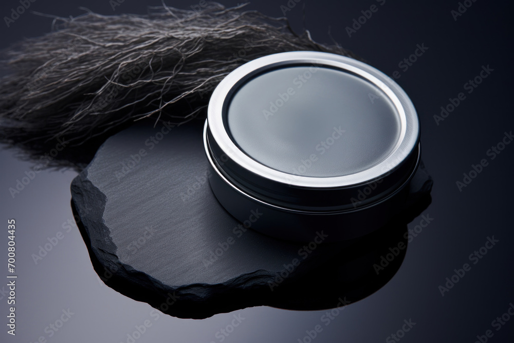 A tin of hair styling wax with a dark background and a furry texture ...