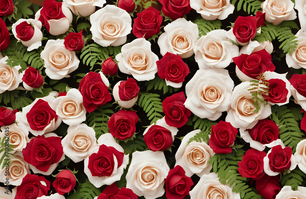 Bunch of red and white roses flowers pattern. Top view, Natural fresh ...