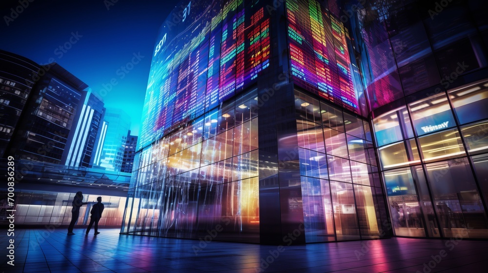Dynamic Financial Pulse: Illuminated Skyscraper with Vibrant LED Ticker ...