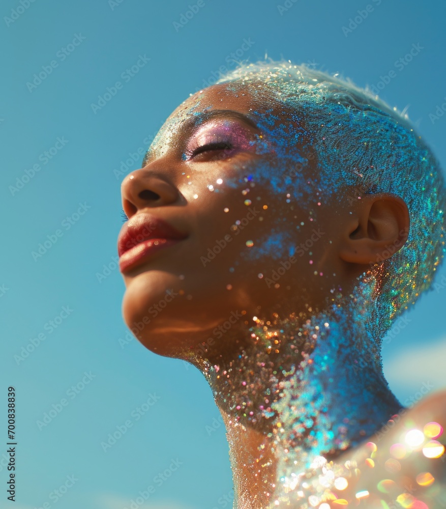 A woman gazes up at the sky, her human face adorned with shimmering ...