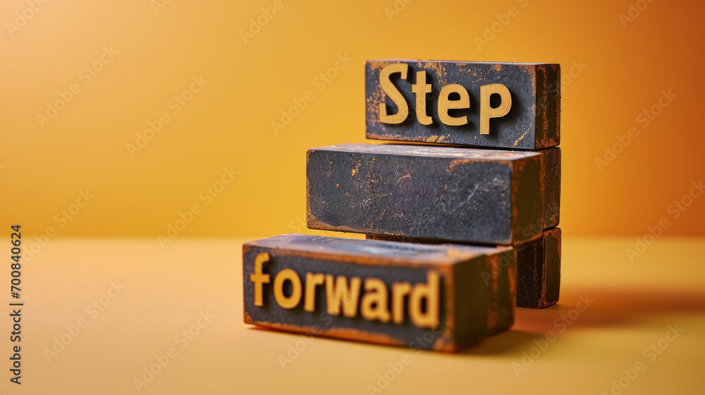 Wooden blocks spelling out 'Step Forward' on a yellow backdrop ...