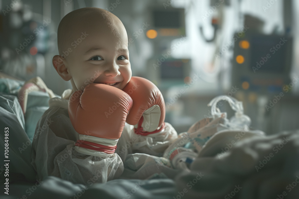 In his hospital room, a hairless boy shows a smile and wears red boxing ...