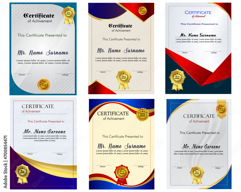 Certificate of achievement template set with gold badge and border ...