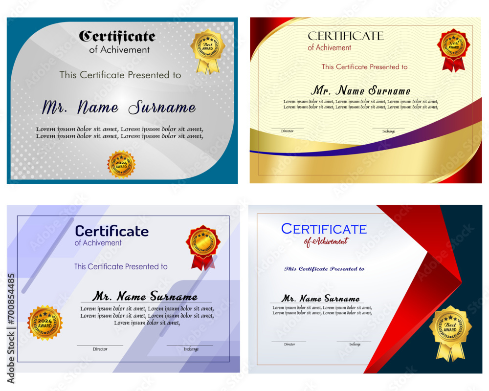 Certificate of achievement template set with gold badge and border, Appreciation and Achievement ...