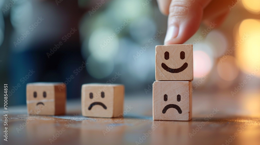 Positive thinking mindset concept hand holding smiling wooden cube ...