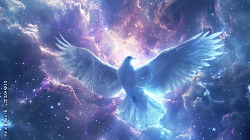 Artistic representation of the Holy Spirit as a luminous dove in a ...