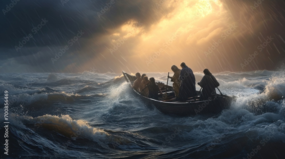 Jesus and his disciples in a boat during a storm, conveying trust ...
