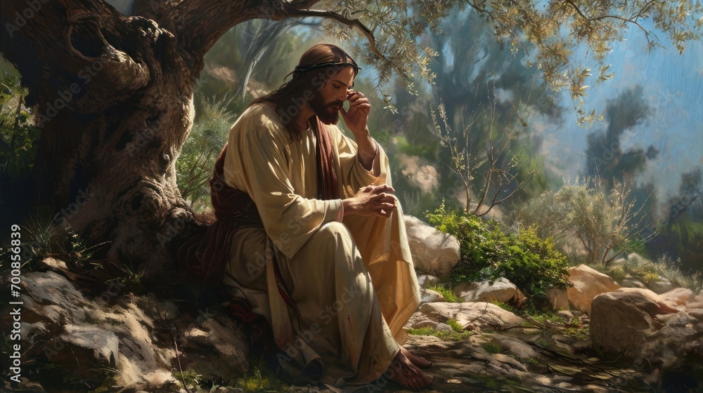 Reverent depiction of Jesus in the Garden of Gethsemane, capturing a ...