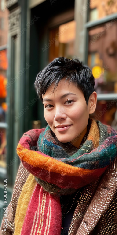 Fototapeta Young Chinese Woman with Short Hair Wrapped in a Cozy ...