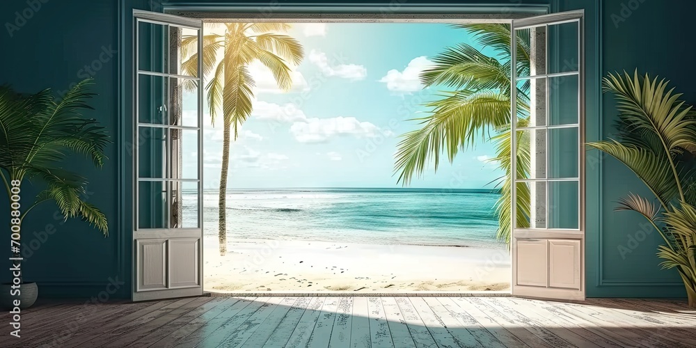 Tropical paradise. Serene beach scene with azure waters and palm trees ...