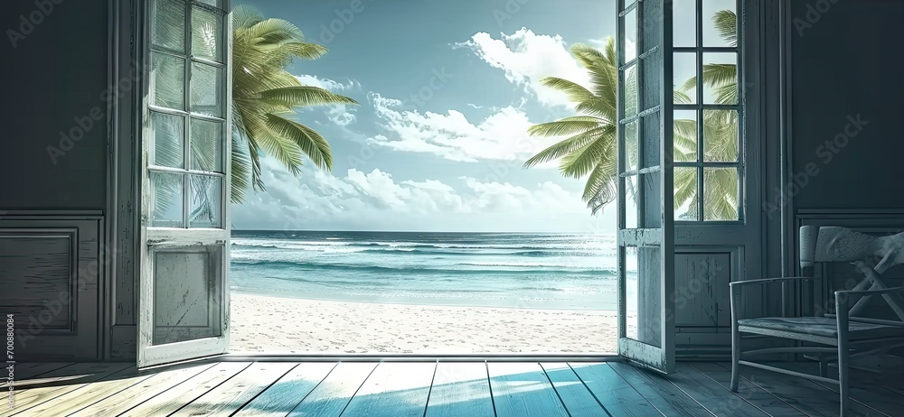 Tropical paradise. Serene beach scene with azure waters and palm trees ...