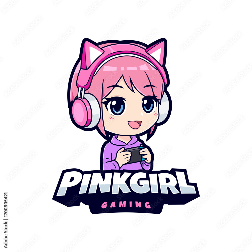 Cute pink gamer girl logo mascot vector graphic for streamer Stock ...