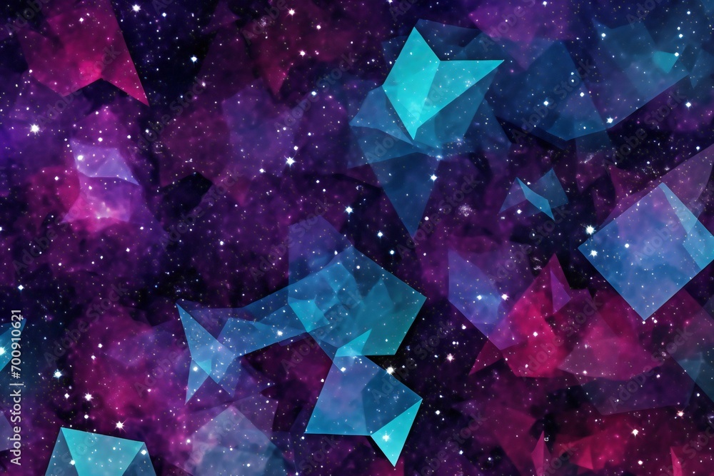 Abstract space background with blue and purple crystals and stars in ...