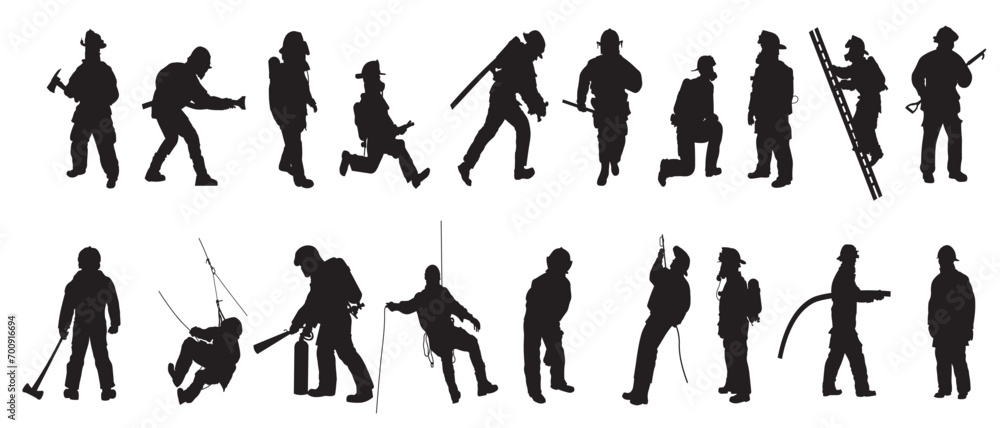 vector set of firefighter silhouettes, people holding fire ...