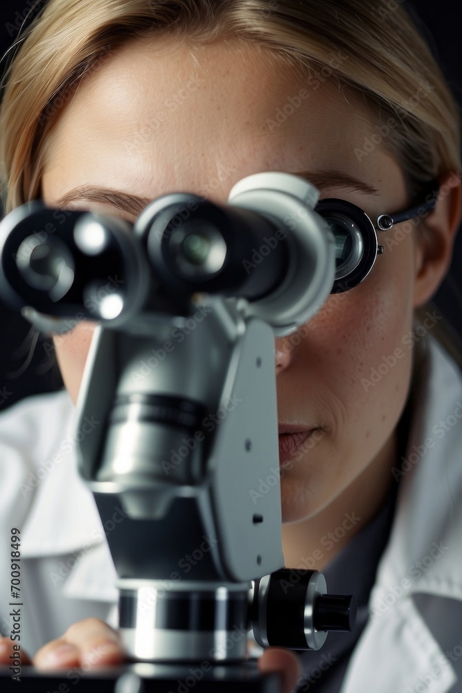 Biologist in uniform working using microscope. Scientific medical ...
