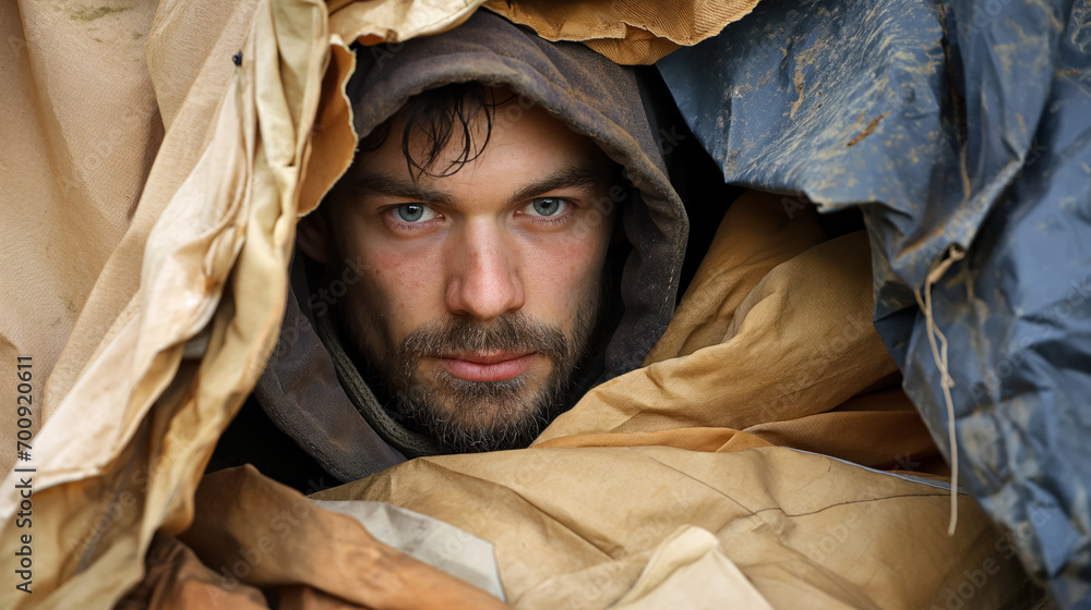 Man peeking through tattered tarps. Stock Photo | Adobe Stock
