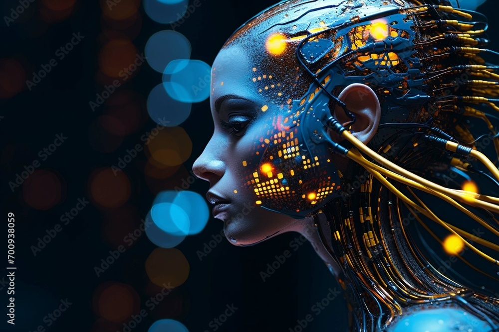 Side view of a humanoid head with blue and yellow eyes and vibrant neon ...