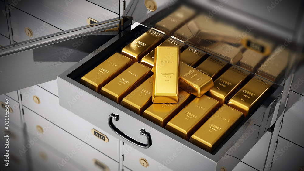 Gold ingots inside private bank deposit box. 3D illustration Stock ...
