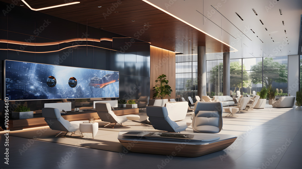 Tech company lobby with interactive displays modern seating and a sleek ...