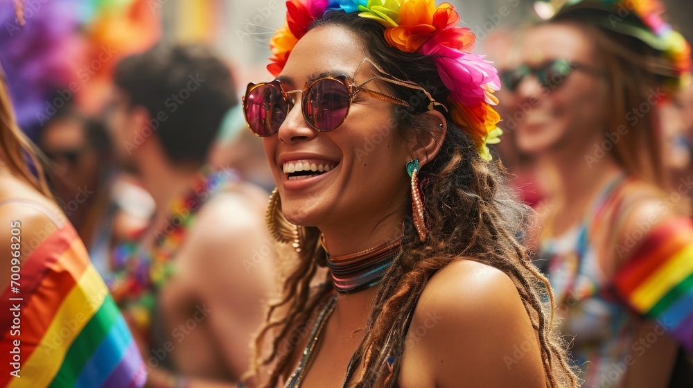 LGBT pride. Happy female at the LGBT parade. Freedom of love and ...