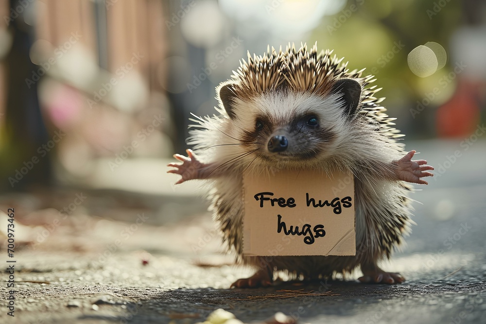 adorable but very spiky hedgehog standing on a deserted street, arms ...