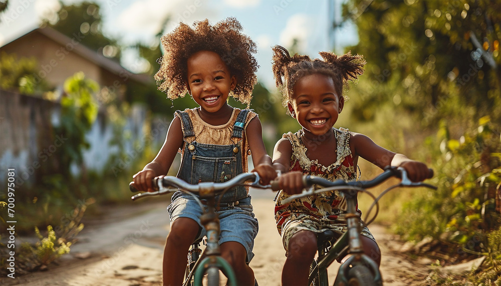 Happy African American children riding a bicycle on summer road ...