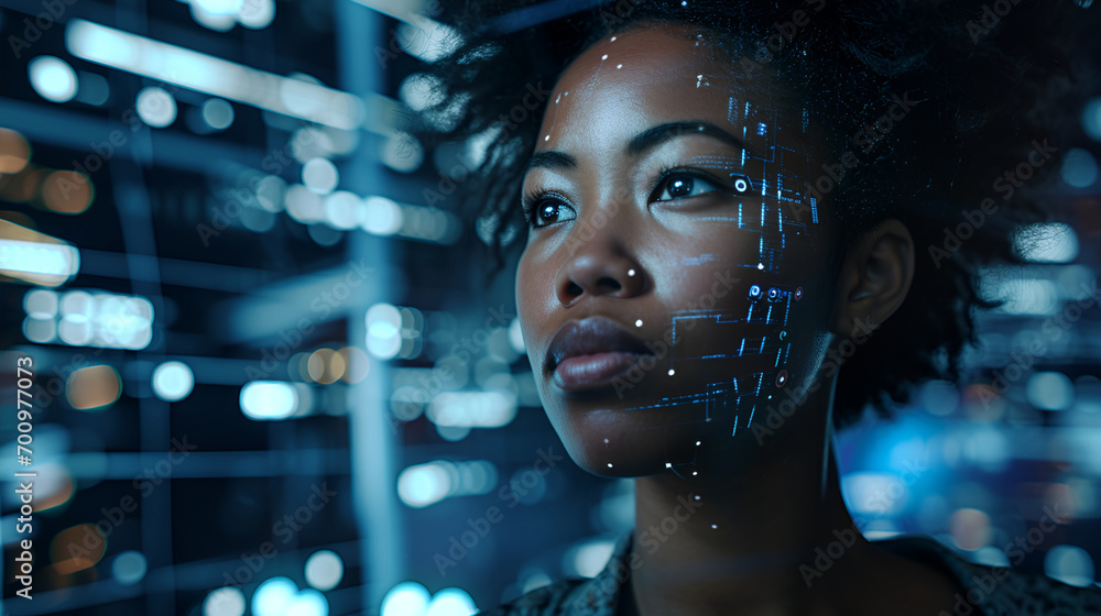 futuristic tech black woman with Line of Code Projected on Her Face and ...