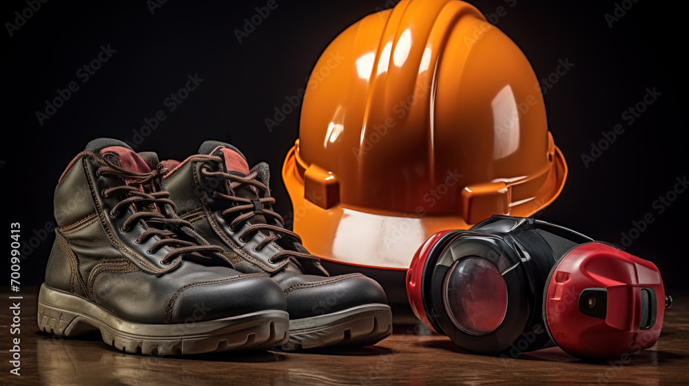 A professional arrangement of safety work boots, hard hat, and ...