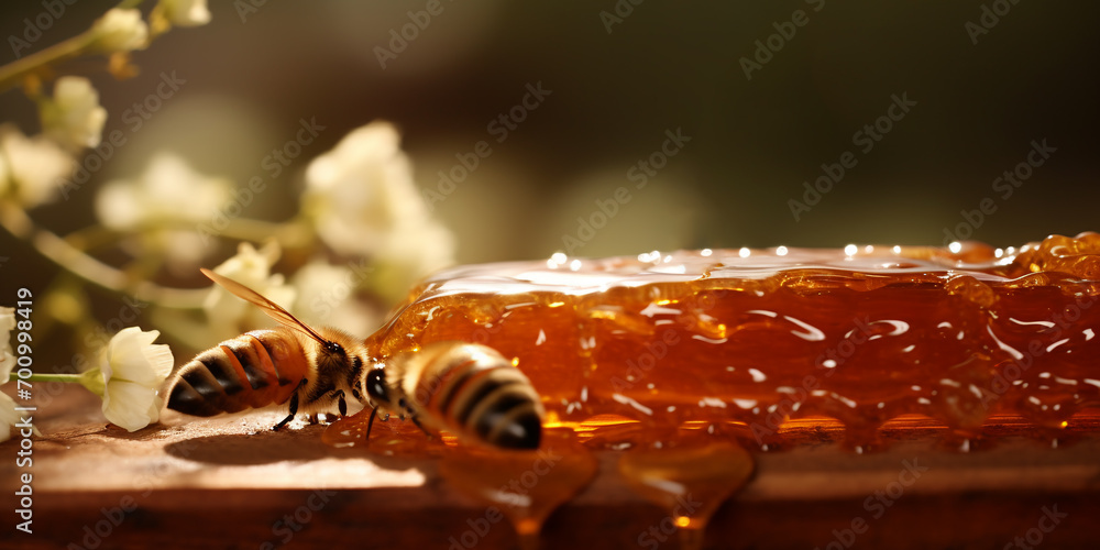 close-up of an appetizing honeycomb filled with honey lying on the ...
