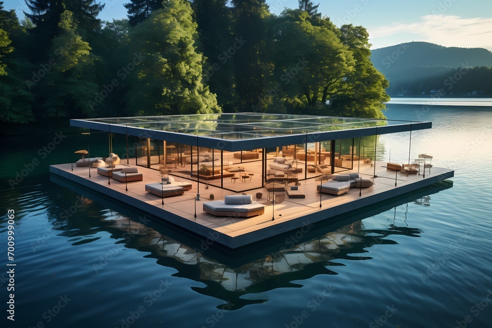 Floating yoga studio on a tranquil lake with a glass floor, creating a ...