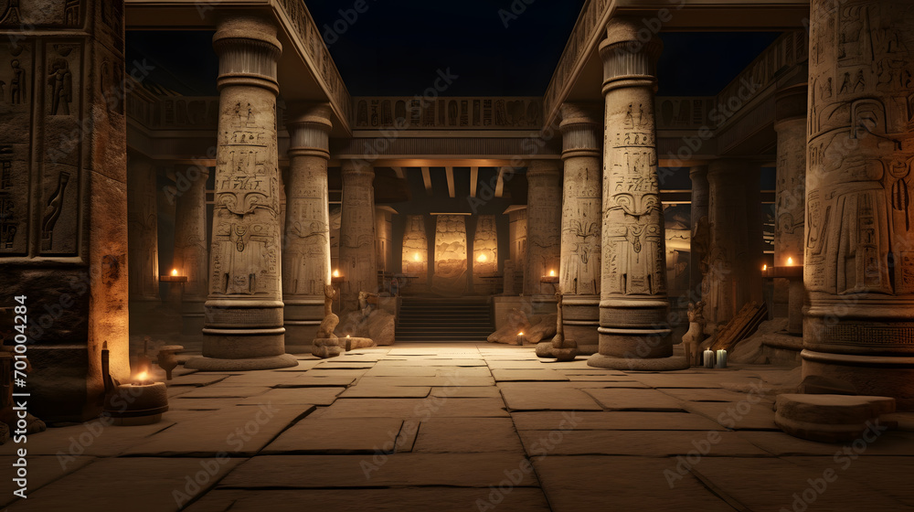 Reconstruction of an ancient Egyptian temple with hieroglyphs and ...