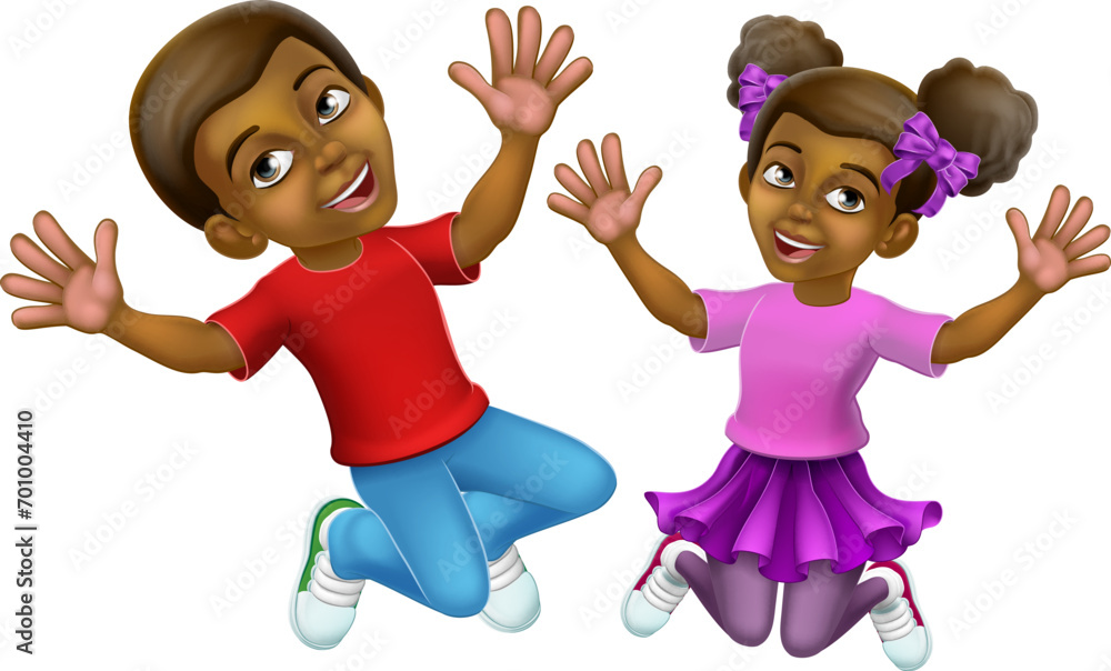 Two kids, girl and boy, cartoon character children jumping for joy ...