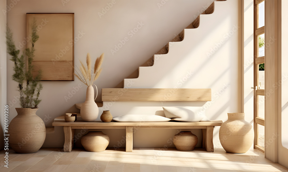 Console table and rustic bench in mediterranean interior design of ...